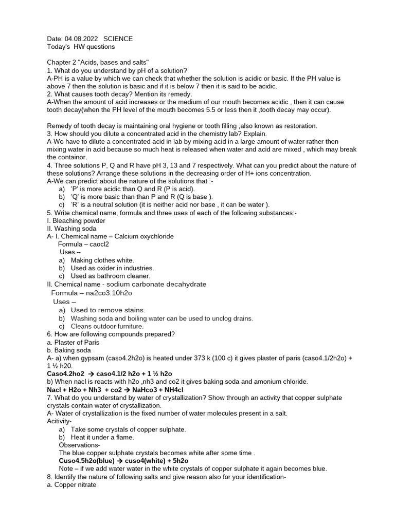 Science Worksheet Class 10 | PDF | Sodium Carbonate | Acid