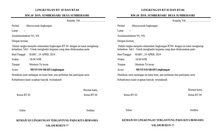 Undangan Musyawarah Lingkungan RT 03-04 | PDF | Kajian Bahasa Asing