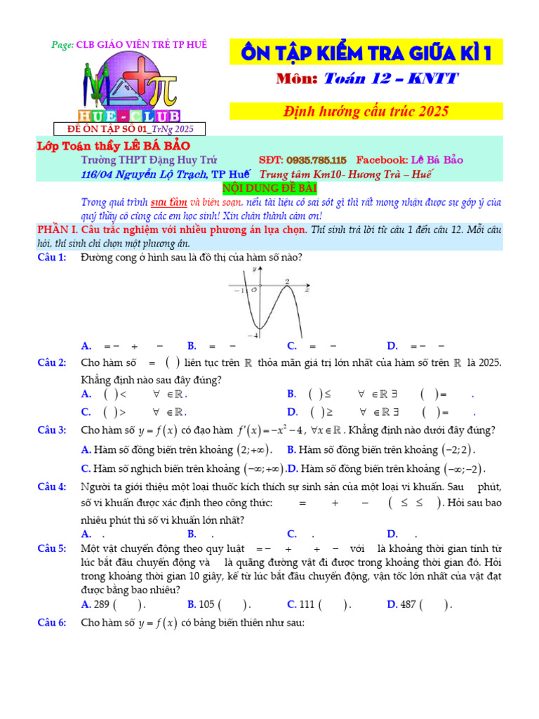 Bo de On Tap Giua Hoc Ki 1 Toan 12 Knttvcs Dinh Huong Cau Truc 2025 | PDF