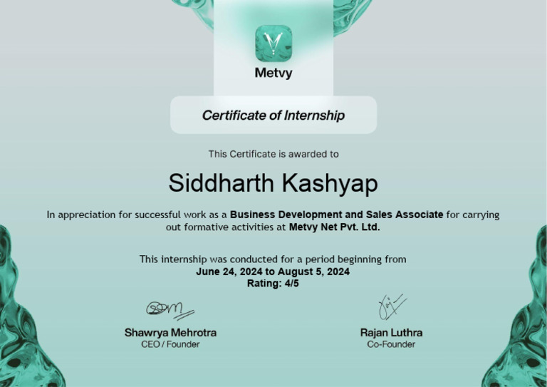 Certificate Siddharth Kashyap | PDF