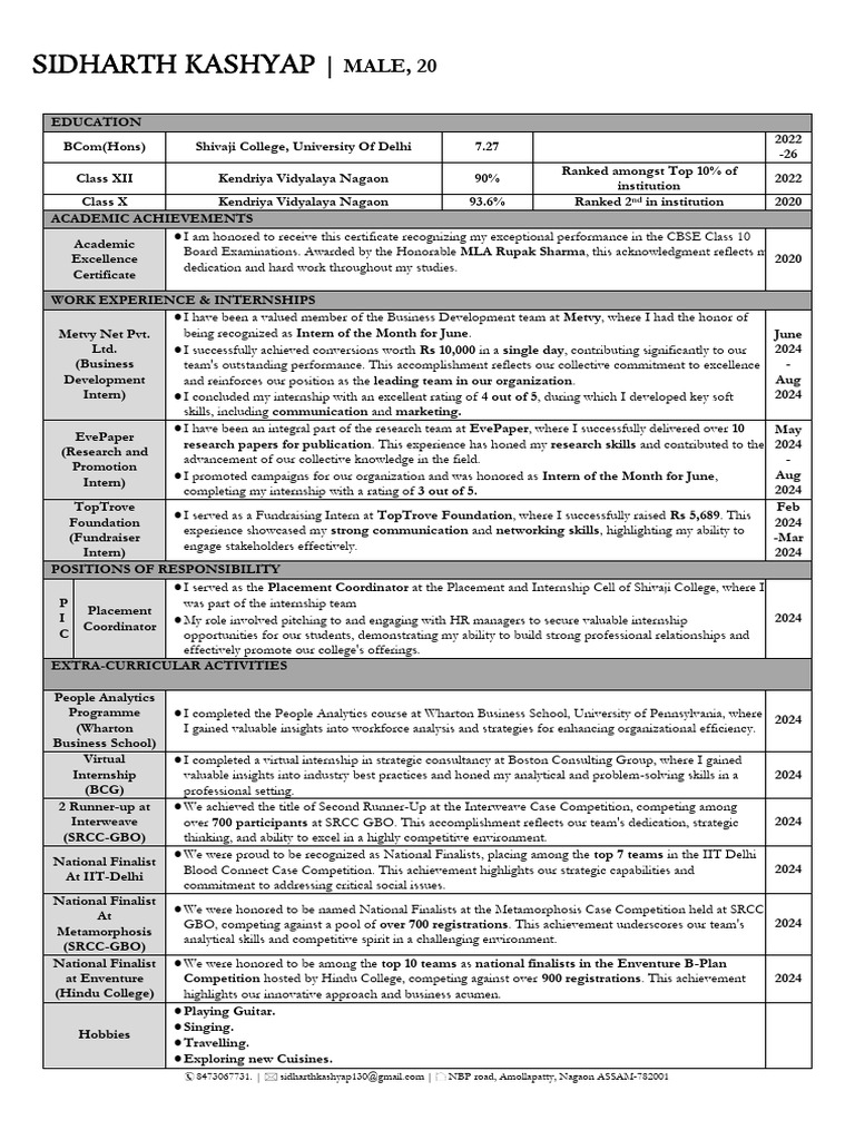 Sidharth Kashyap Cv | PDF | Internship | Job Hunting