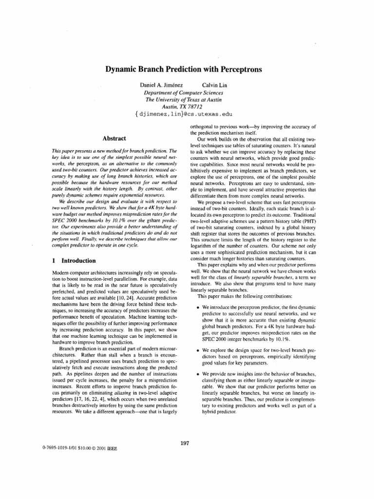 Dynamic Branch Prediction With Perceptrons | PDF | Artificial Neural Network | Applied Mathematics