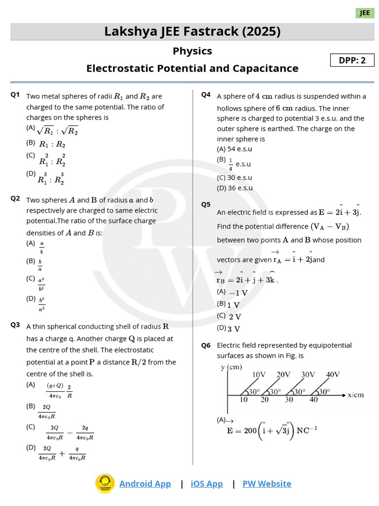 JEE Electrostatics Practice Quiz | PDF | Sphere | Electromagnetism