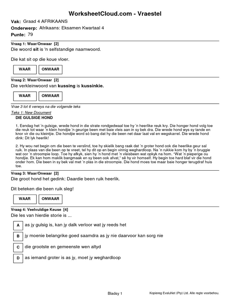 G4 Afrikaans Term 4 Exam | PDF