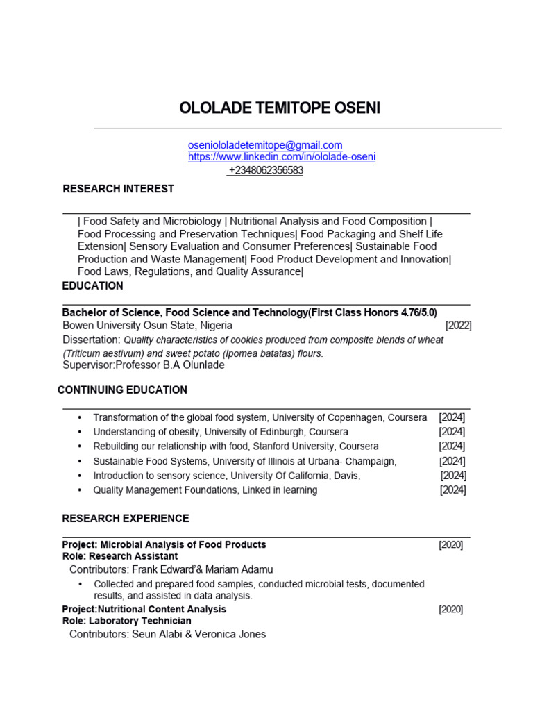 Ololade Temitope Oseni Academic CV. | PDF | Food Science | Packaging And Labeling