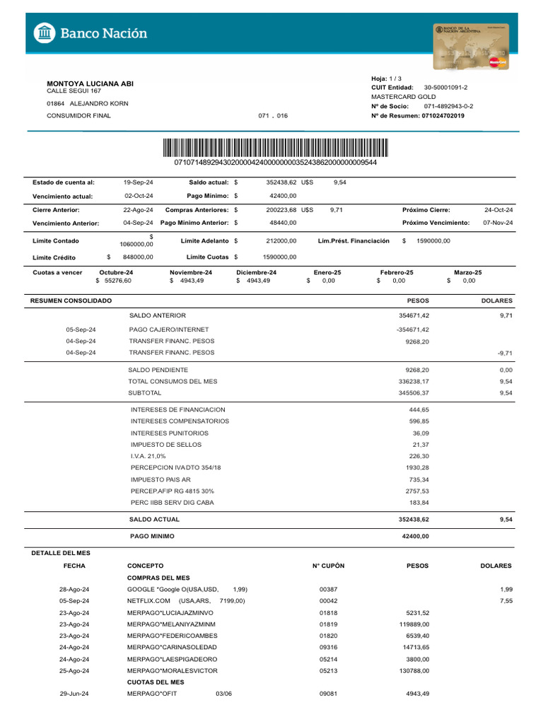 Resumen de Cuenta Mastercard Septiembre 2024 | PDF | Tarjeta de crédito ...