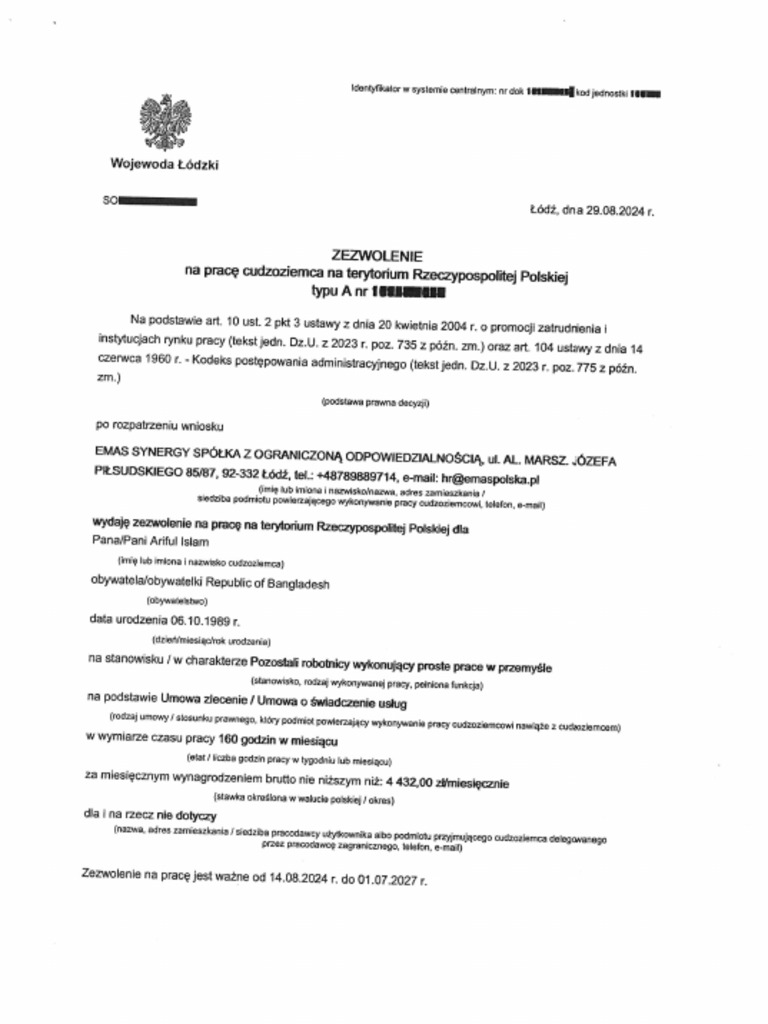 Fake Work Parmit Poland Provided by BM Travels RL-1421 (ARIF) | PDF