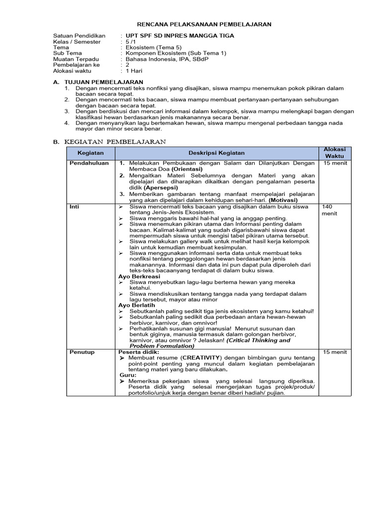 RPP Tema 5 - Pembelajaran 2 - Kelas 5 | PDF | Pengembangan Diri