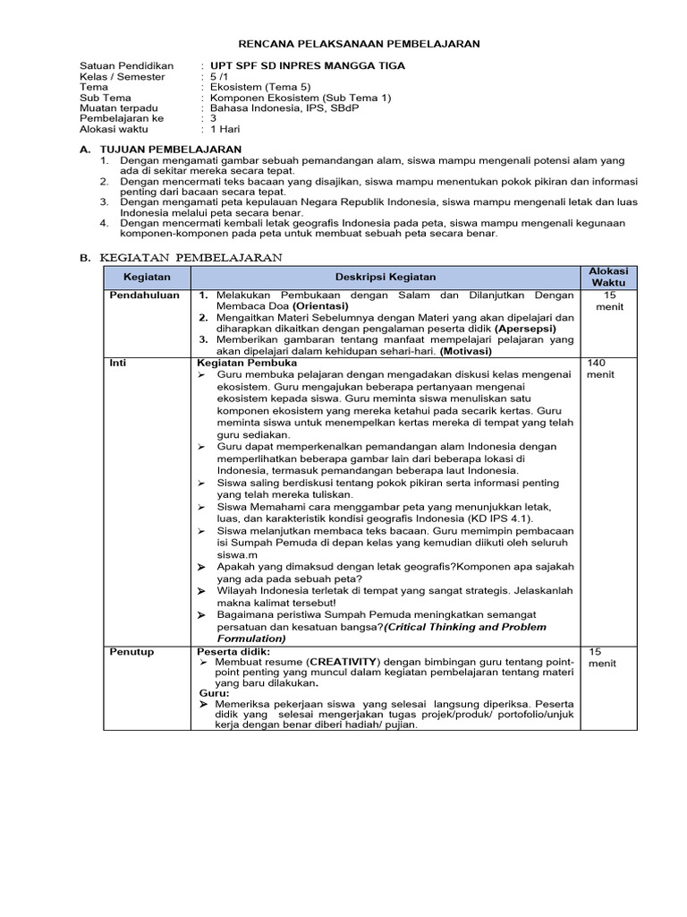 RPP Tema 5 - Pembelajaran 3 - Kelas 5 | PDF