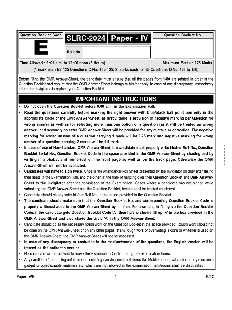 Paper - IV SLRC-2024: Important Instructions | PDF