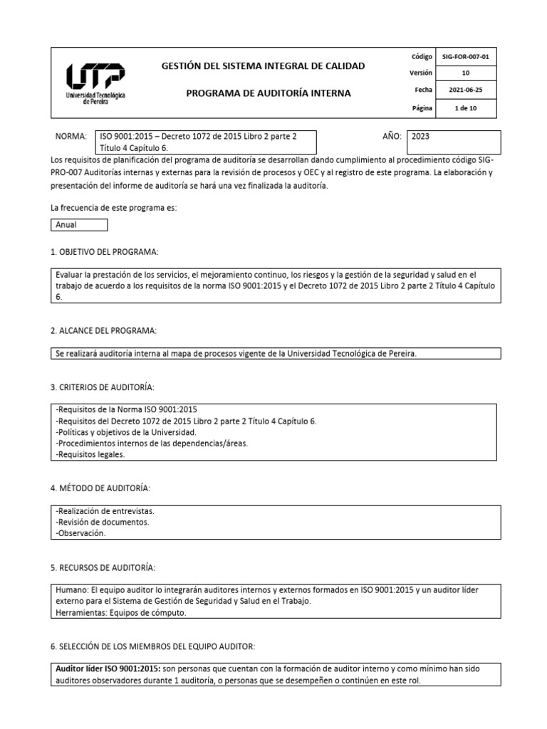 Programa de Auditoría Interna ISO 9001-Decreto 1072 2023 FIRMADO | PDF ...