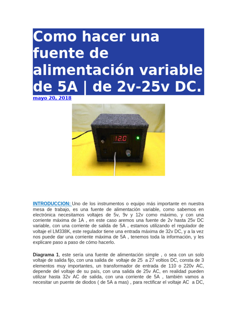 Como Hacer Una Fuente de Alimentación Variable de 5A | PDF | Resistencia Eléctrica y ...
