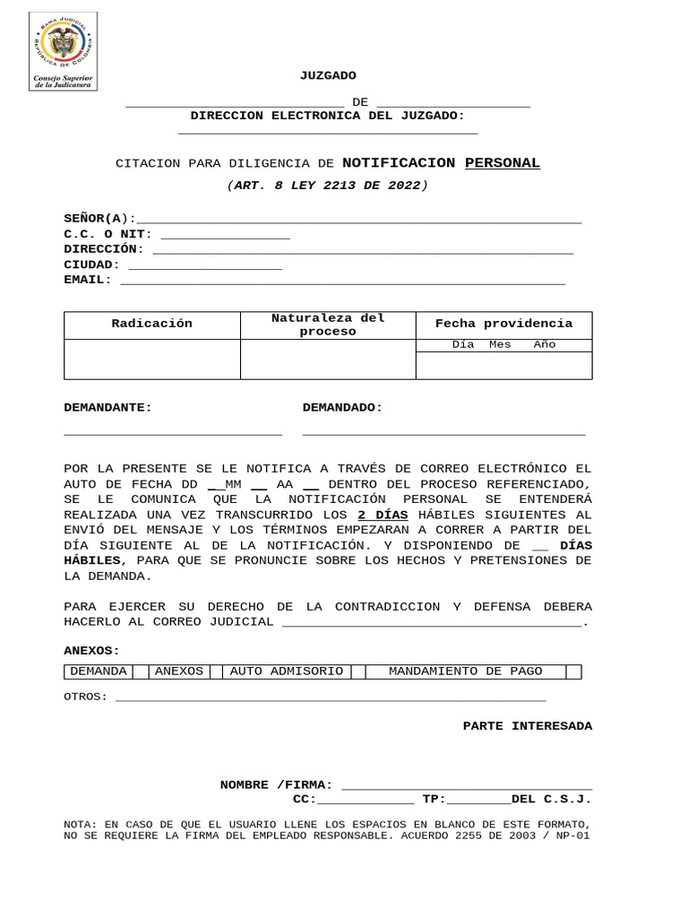 Notificacion Personal ART. 8 LEY 2213 DE 2022 - TRAMITE ELECTRONICO | PDF