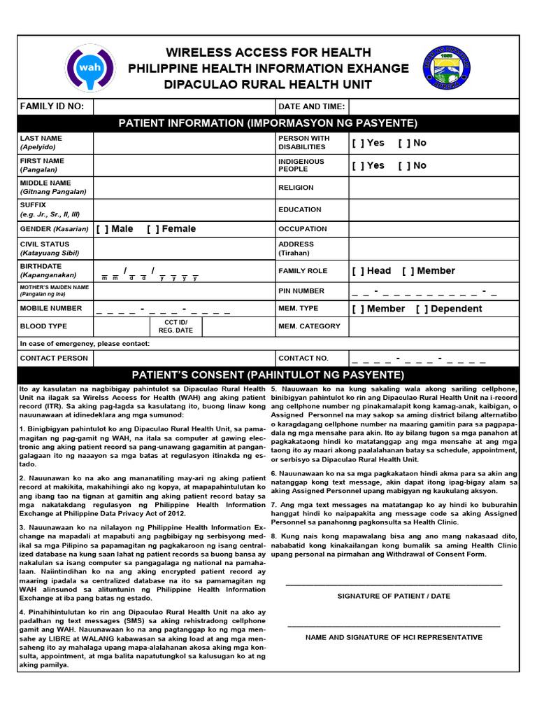 WAH PATIENT AND CONSENT FORM Dipaculao | PDF