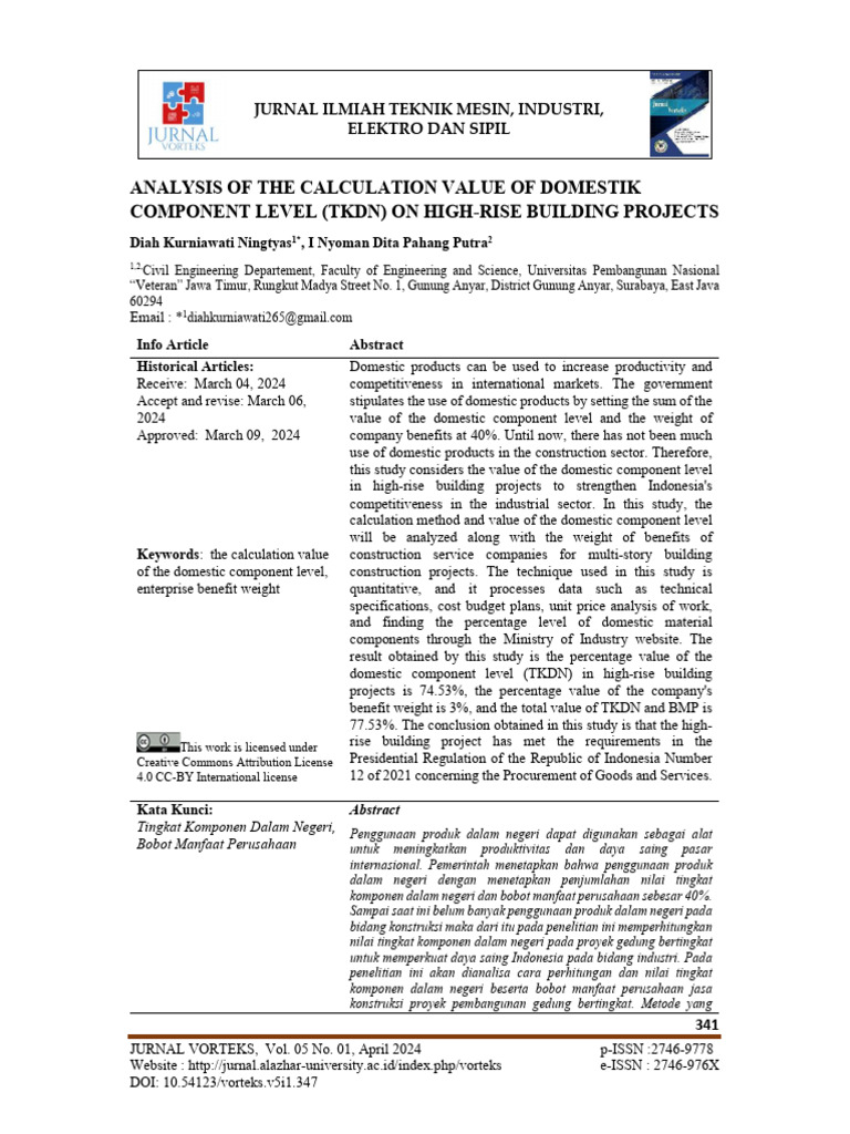 ANALYSIS OF THE CALCULATION VALUE OF DOMESTIK COMPONENT LEVEL (TKDN) ON HIGH-RISE BUILDING ...
