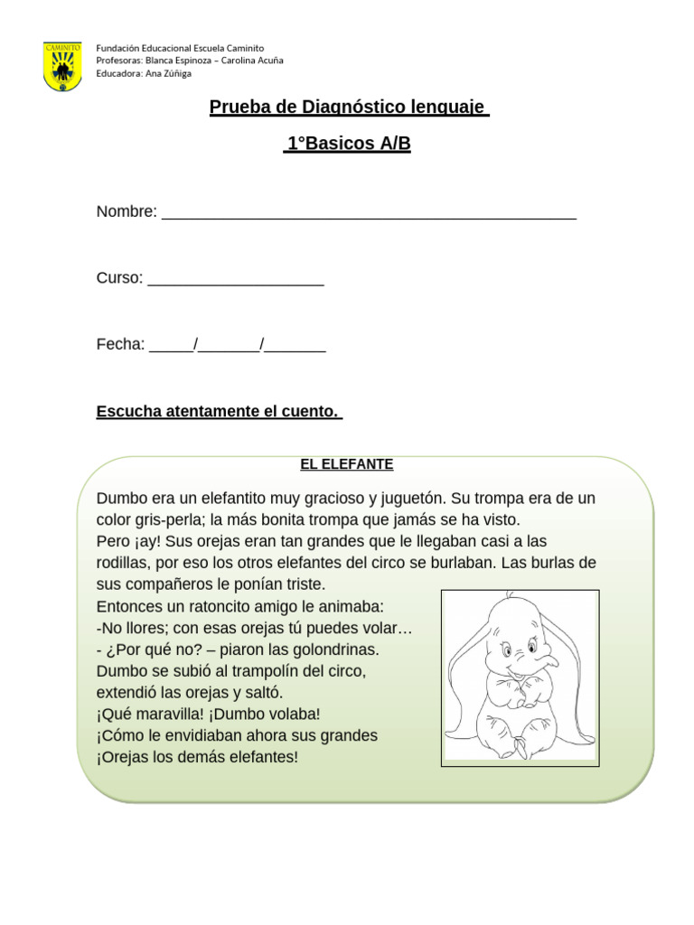 Prueba Diagnóstico Lenguaje 1° Básicos | PDF