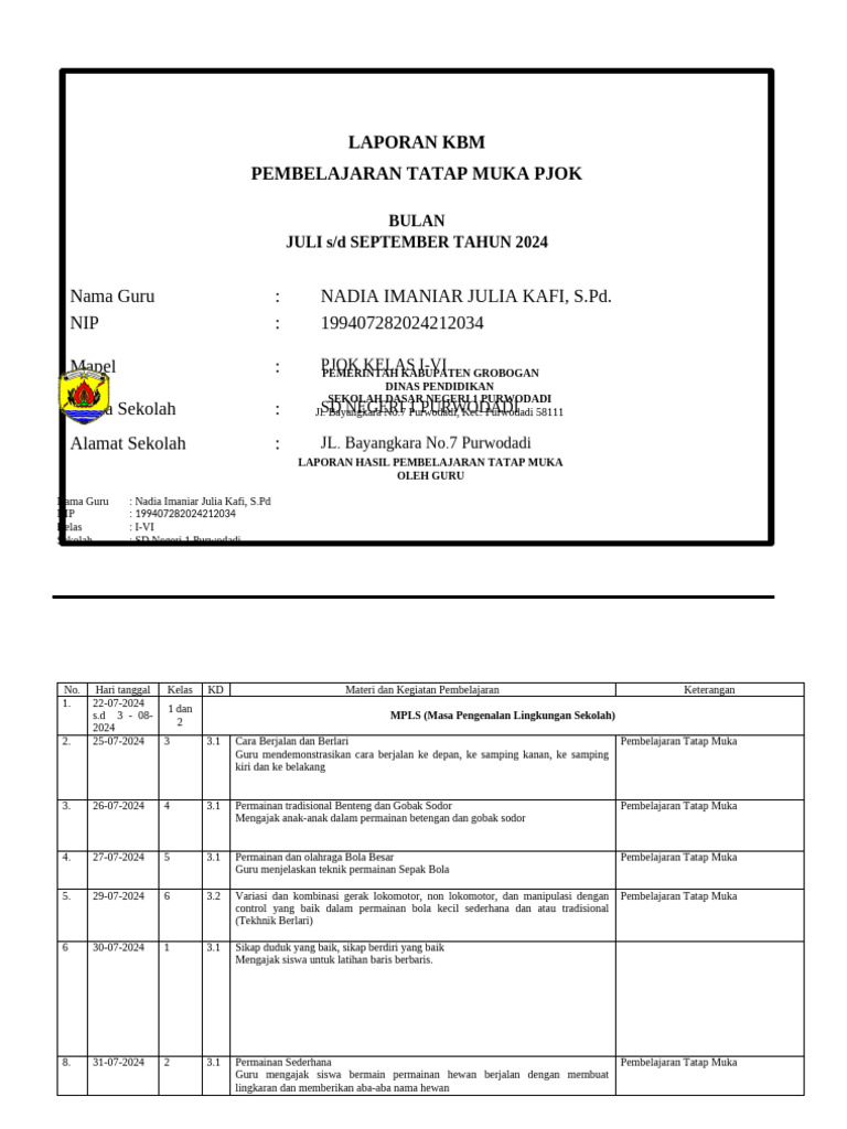 KBM Juli-September Pjok 2024 - Nadia Imaniar Julia Kafi | PDF