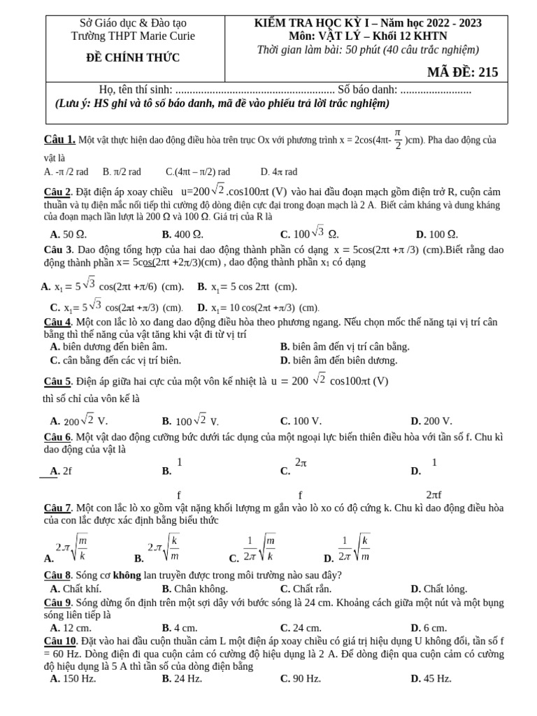 De Vat ly 12 HK1 - THPT Maire Curie | PDF