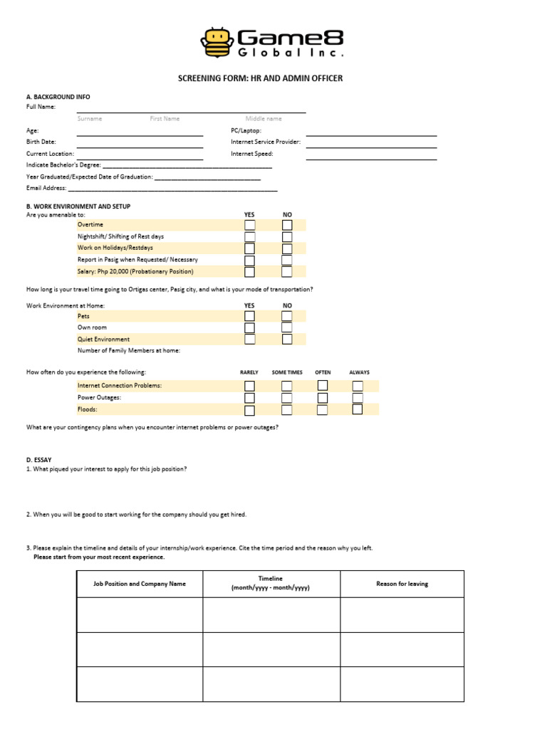 HR and Admin - Screening Form | PDF