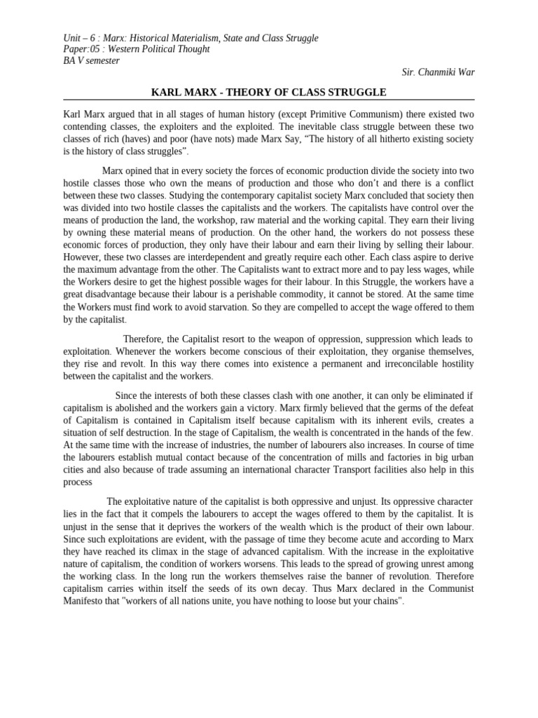 MARX CLASS STRUGGLE FINAL | PDF | Capitalism | Exploitation Of Labour