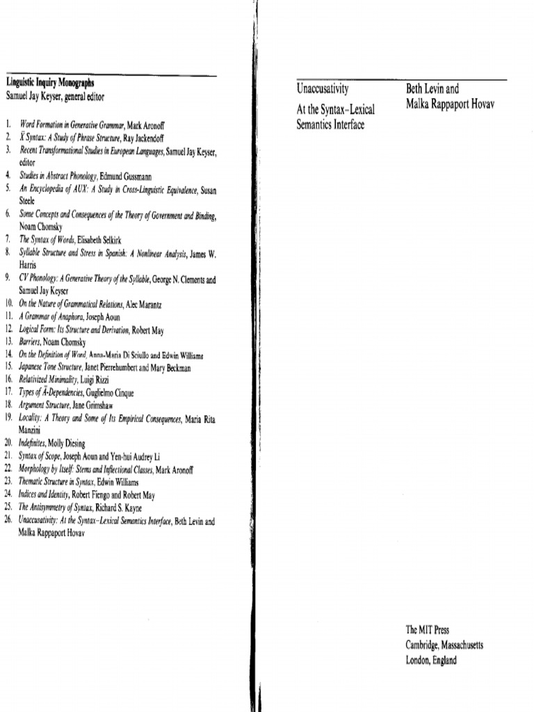 (Levin Rappaport) - Unaccusativity - at The Syntax-Lexical Semantics Interface (1995) CHs 1 2 | PDF