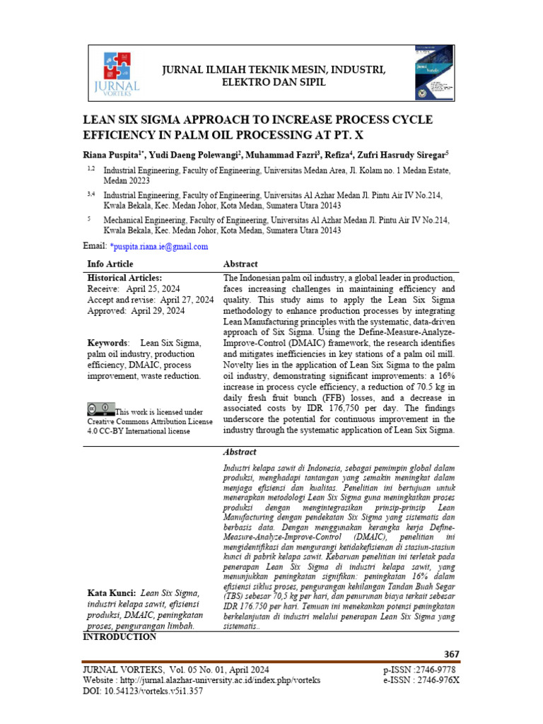 LEAN SIX SIGMA APPROACH TO INCREASE PROCESS CYCLE EFFICIENCY IN PALM OIL PROCESSING AT PT. X ...