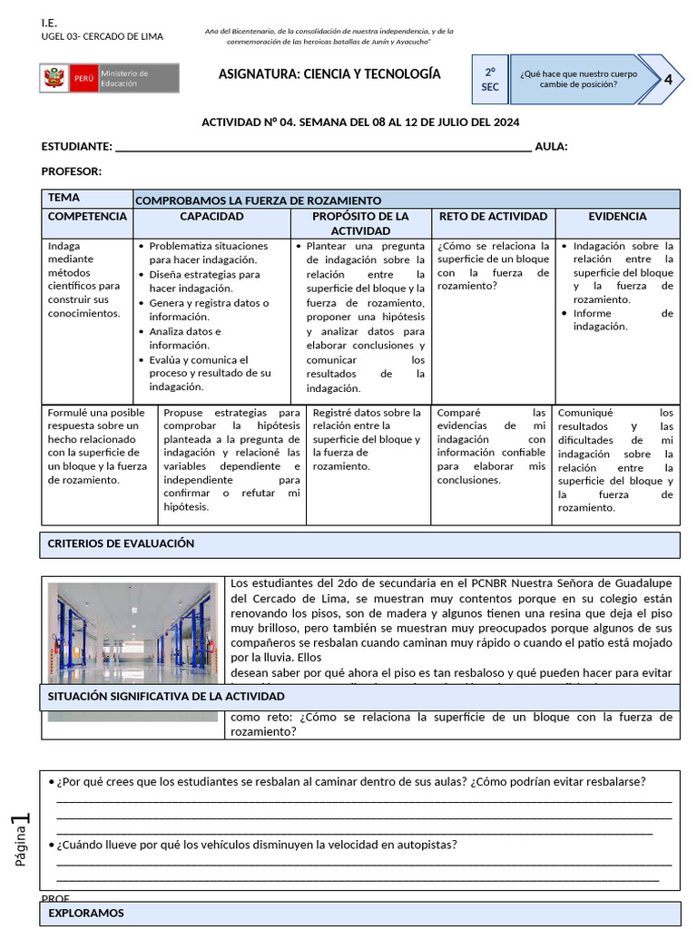 2°sec - UNIDAD 4 - ACTIVIDAD 4 (CyT Indaga 2024) - Comprobamos La Fuerza de Rozamiento | PDF ...