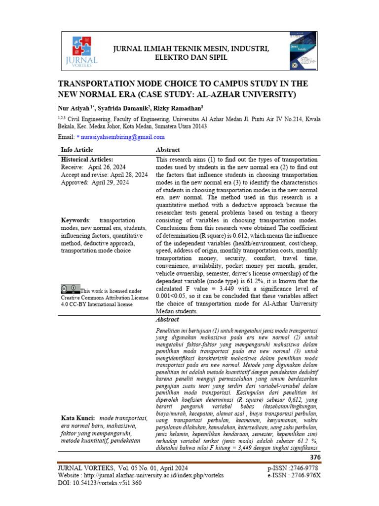 Transportation Mode Choice To Campus Study in The New Normal Era (Case Study: Al-Azhar ...