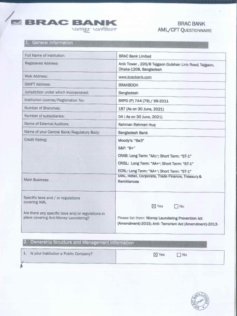 BRAC_Bank_AML_Questionnaire | PDF