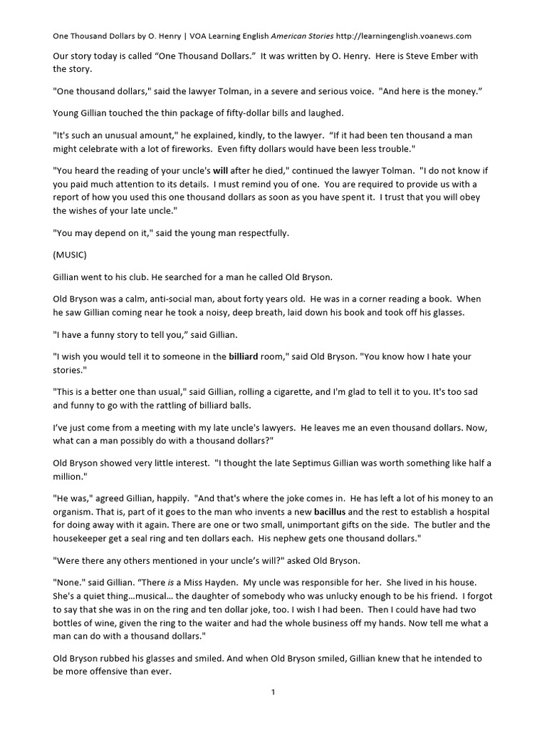 One Thousand Dollars by O. Henry | PDF | Mystery, Thriller & Crime Fiction