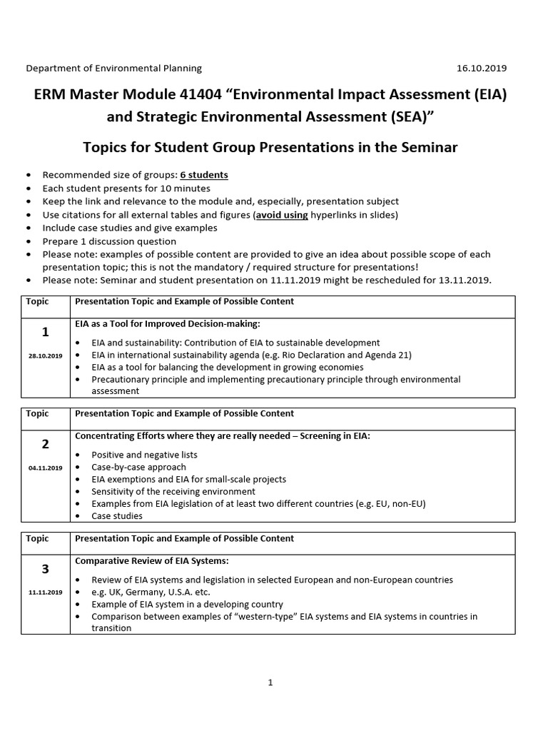 EIA-SEA Topics For Student Presentations WS 2019-20, 16.10.2019 | PDF ...