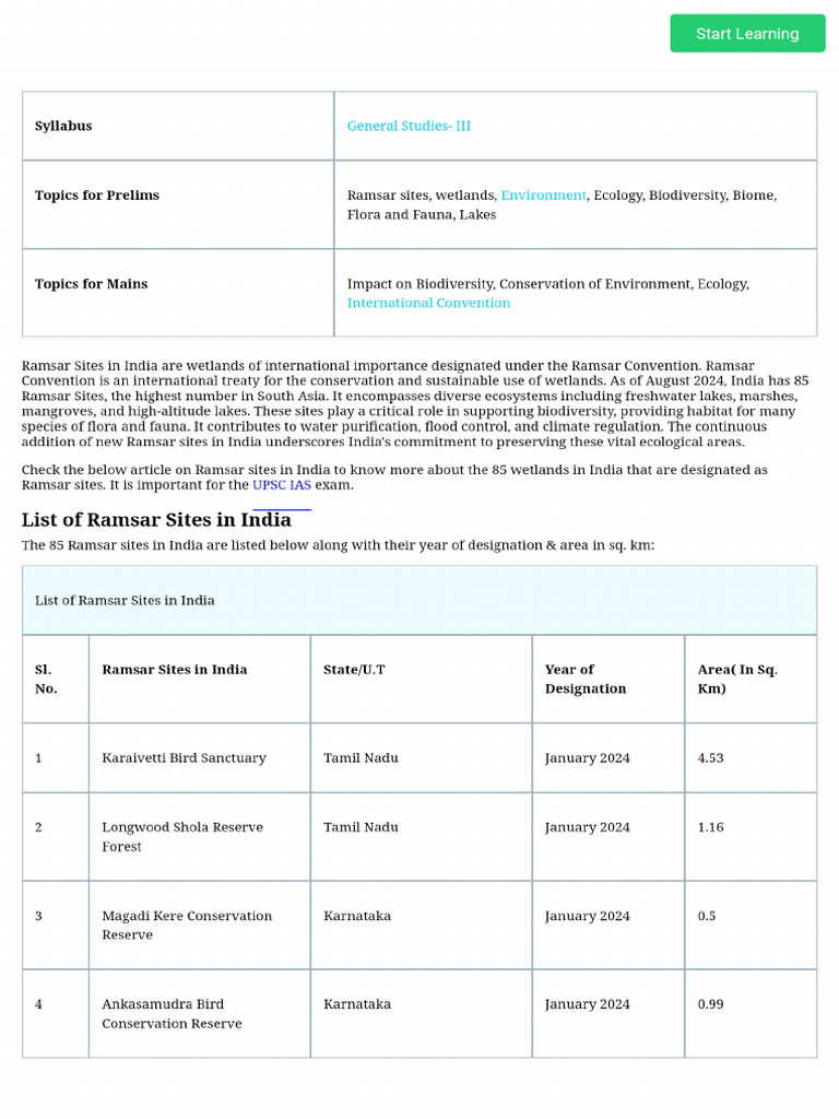 Ramsar Sites in India - State Wise List of Ramsar Sites - UPSC Notes | PDF