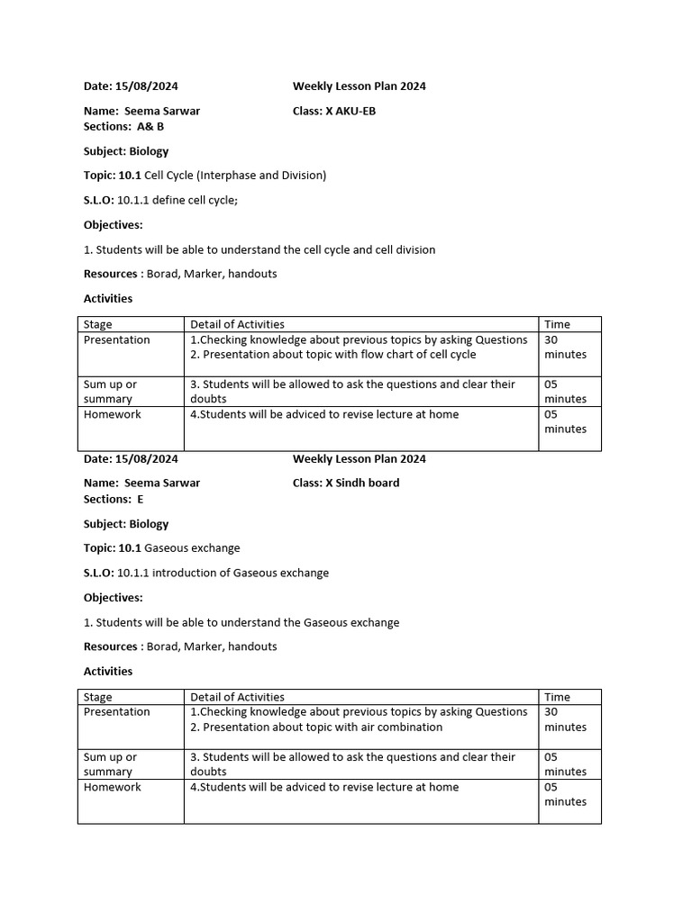 Bio Lesson Plan From 16 - 08 - 24 To 27 - 09 - 24 by Seema Sarwar | PDF ...