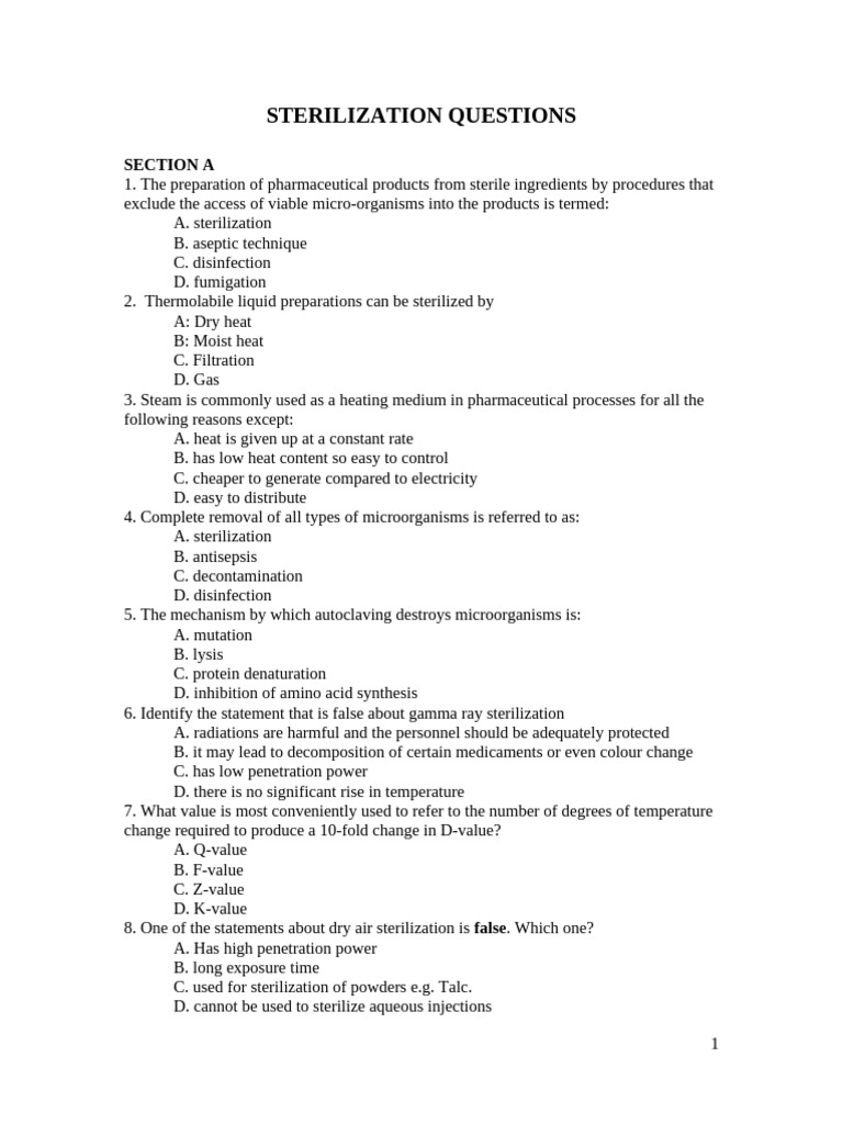 Sterilization Questions Updated-1 | PDF | Sterilization (Microbiology ...