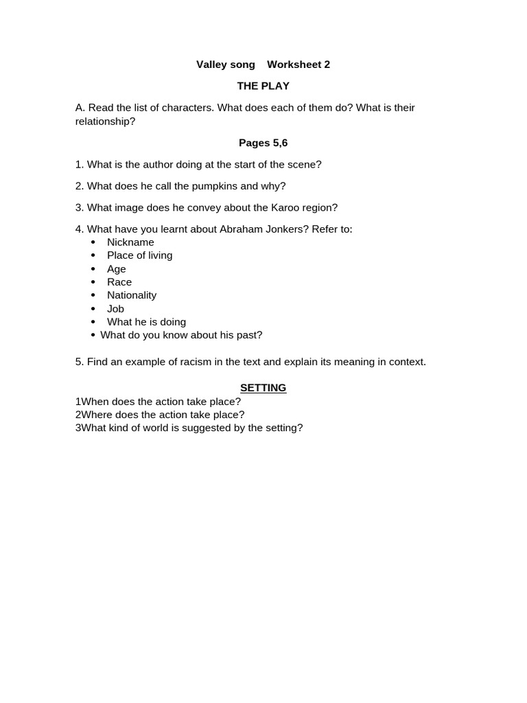 Valley Song Worksheet 2 | PDF | Language Arts & Discipline