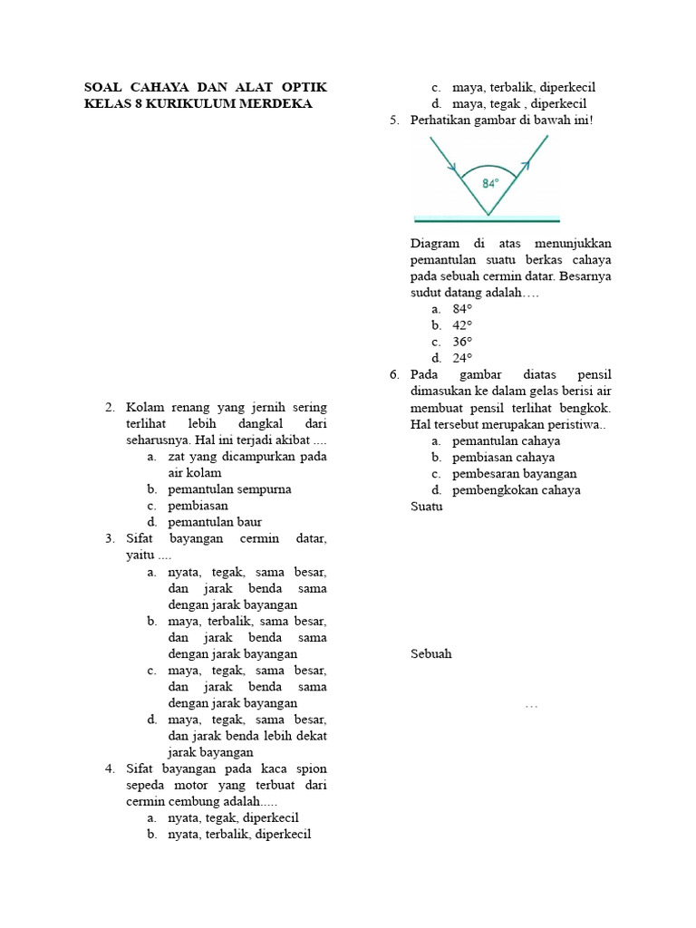 Soal Cahaya dan Alat Optik Kelas 8 | PDF