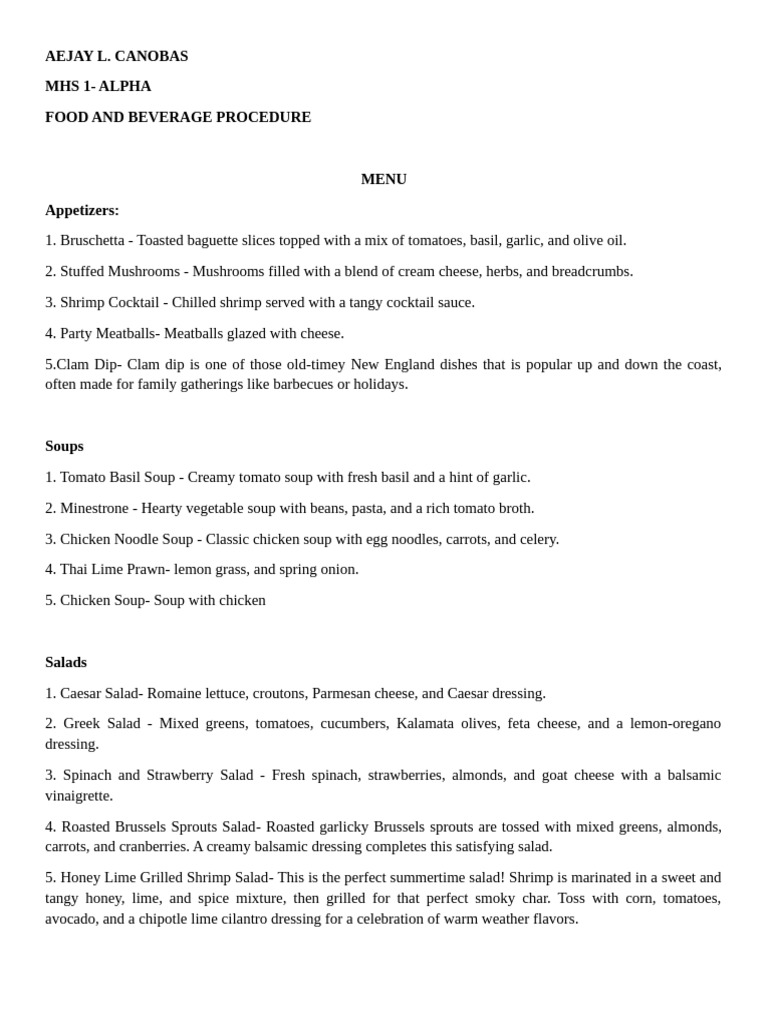 AEJAY Menu | PDF | Salad | Chicken Soup