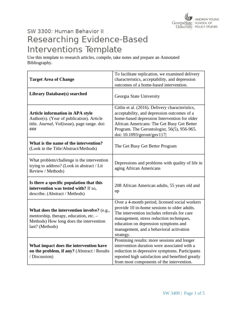 Unique Dixon Researching Evidenced-Based Interventions - Template | PDF | Mental Health | Major ...