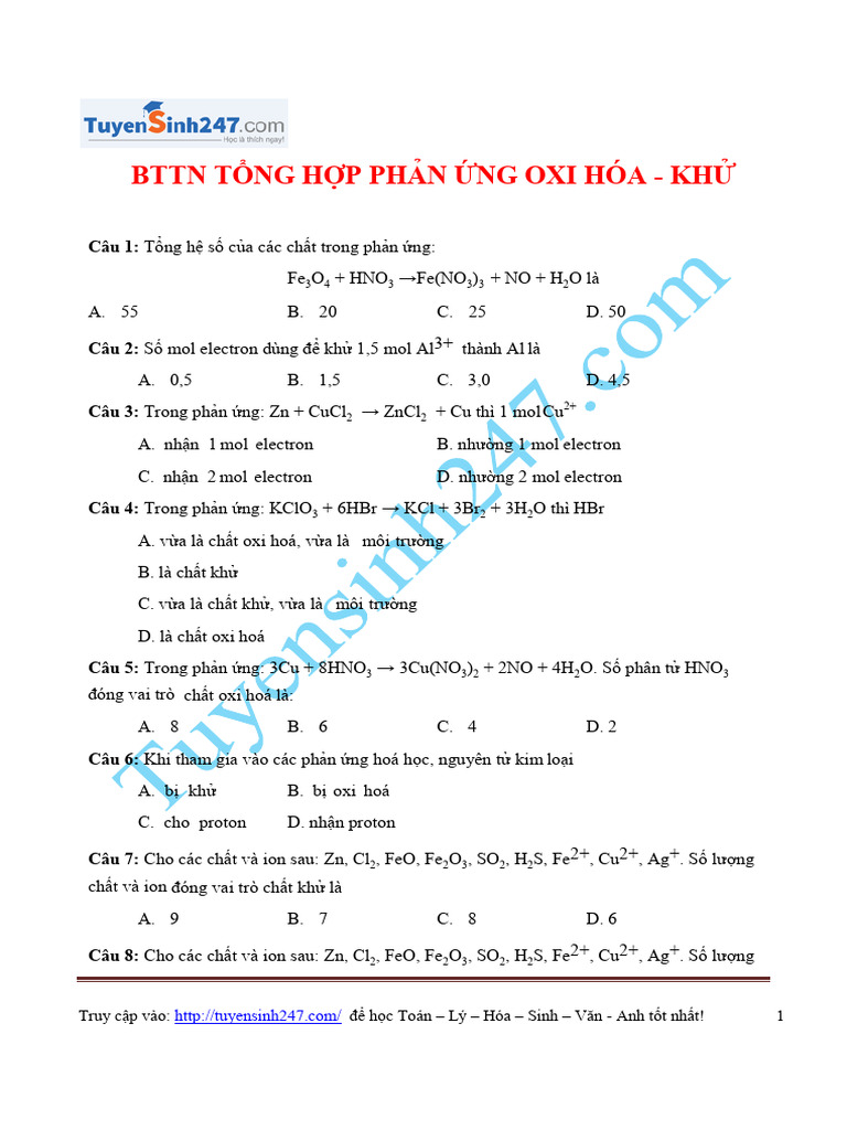 BTTN Tong Hop Phan Ung Oxi Hoa Khu in | PDF