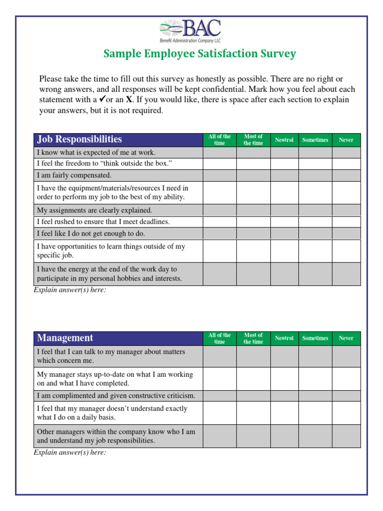 SAMPLE EMPLOYEE SATISFACTION SURVEY | PDF