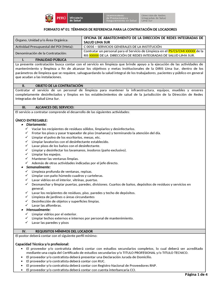 Limpieza - TDR Eess-Dirisls Ok 10-09-24-1 | PDF | Ley de obligaciones | Derecho empresarial