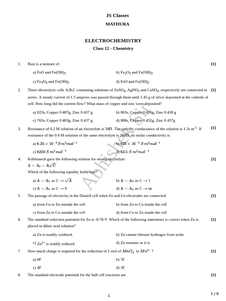 ElectroChemistry class 12 test | PDF | Redox | Electrochemistry
