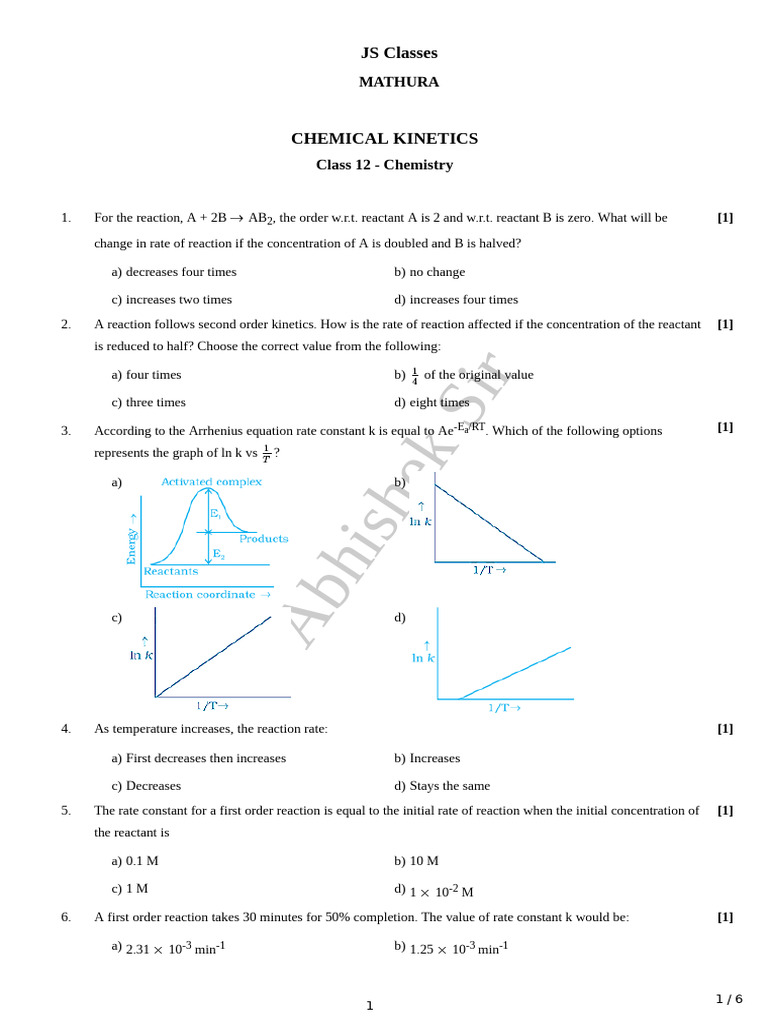 Chemical Kinetics Class 12 Test | PDF | Reaction Rate | Chemical Reactions