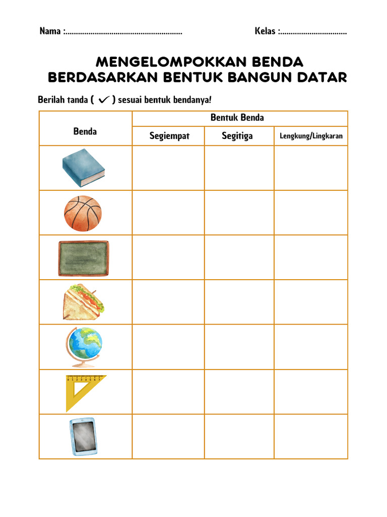 Lembar Kerja Mengelompokkan Benda Berdasarkan Bentuk Bangun Datar Oren ...