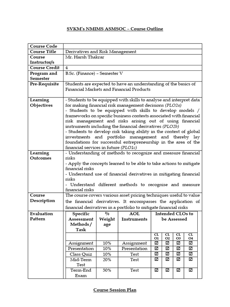 DRM-Course Outline-BSc-2024-25 (1) | PDF | Futures Contract | Option (Finance)