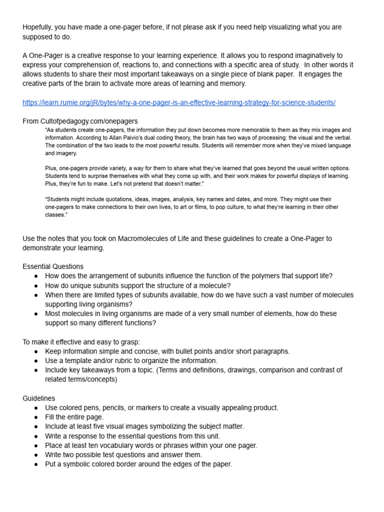 Macromolecules One-Pager Instructions | PDF | Cognition | Cognitive Science