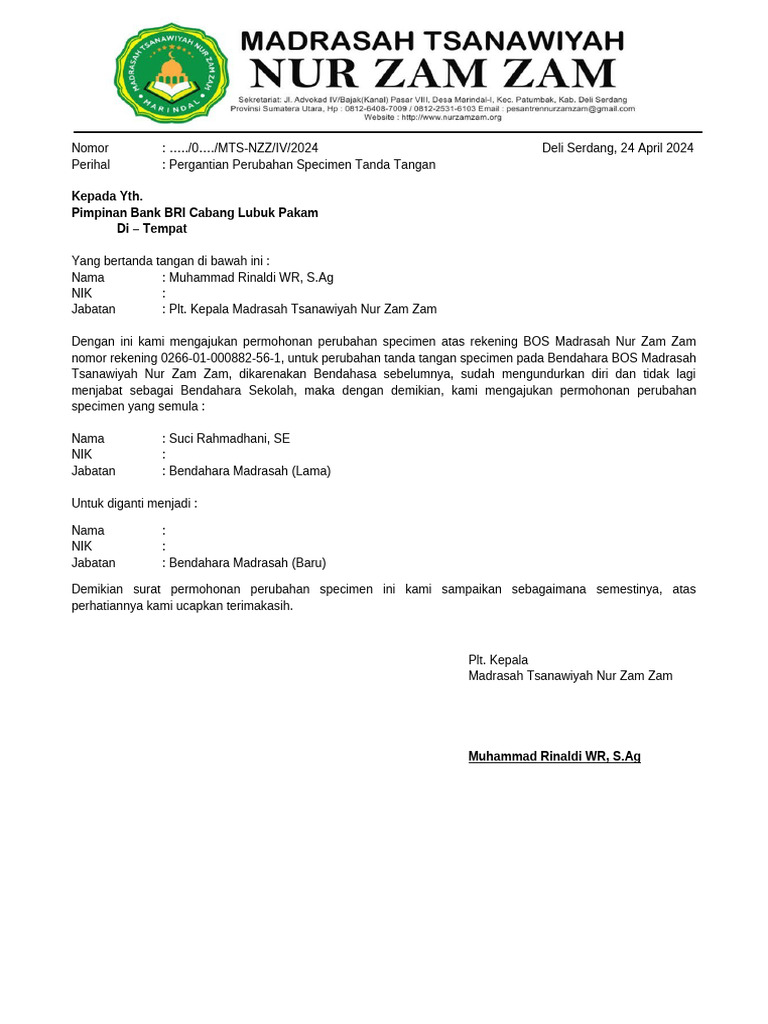 Permohonan Perubahan Specimen Bank | PDF