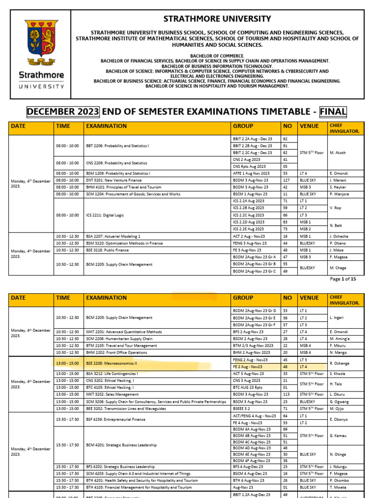 Strathmore University Exam Timetable 2023 | PDF
