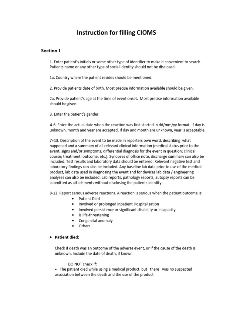 CIOMS_I_instructions | PDF | Patient | Health Sciences