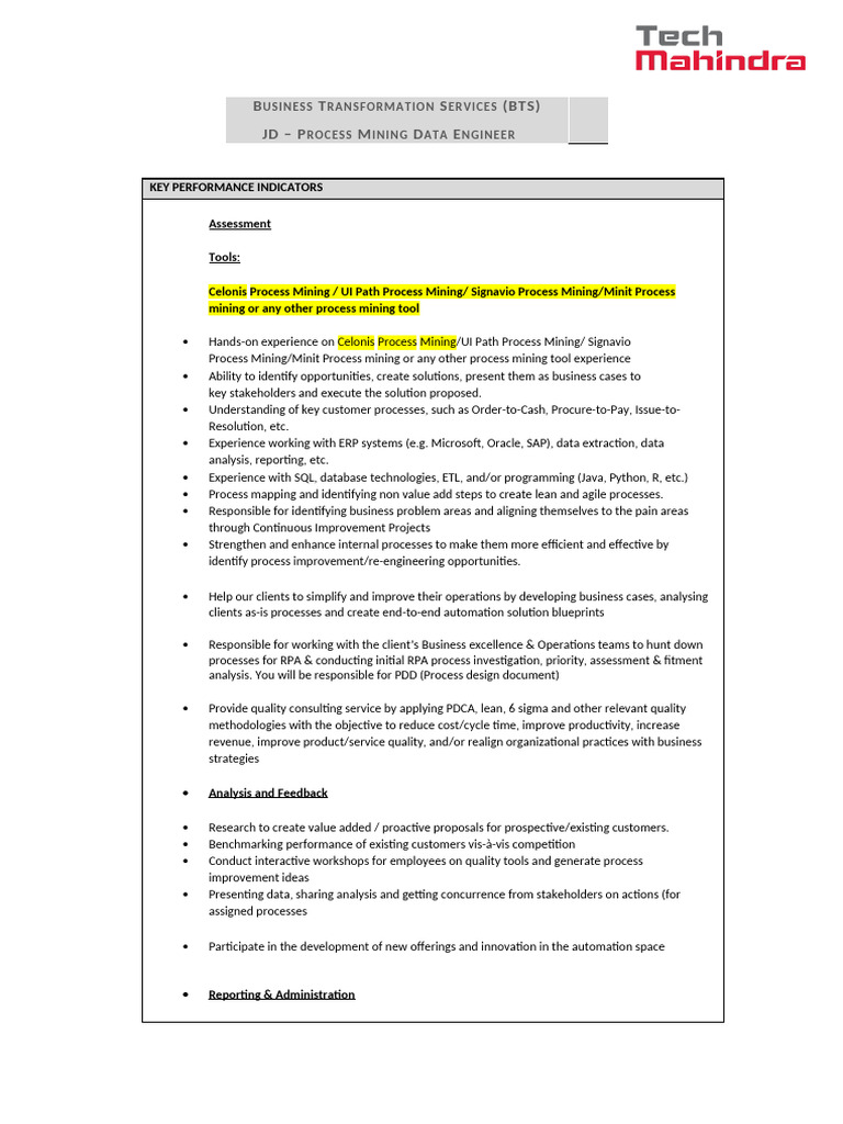 JD - Data Engineer - Process Mining | PDF | Databases | Computing